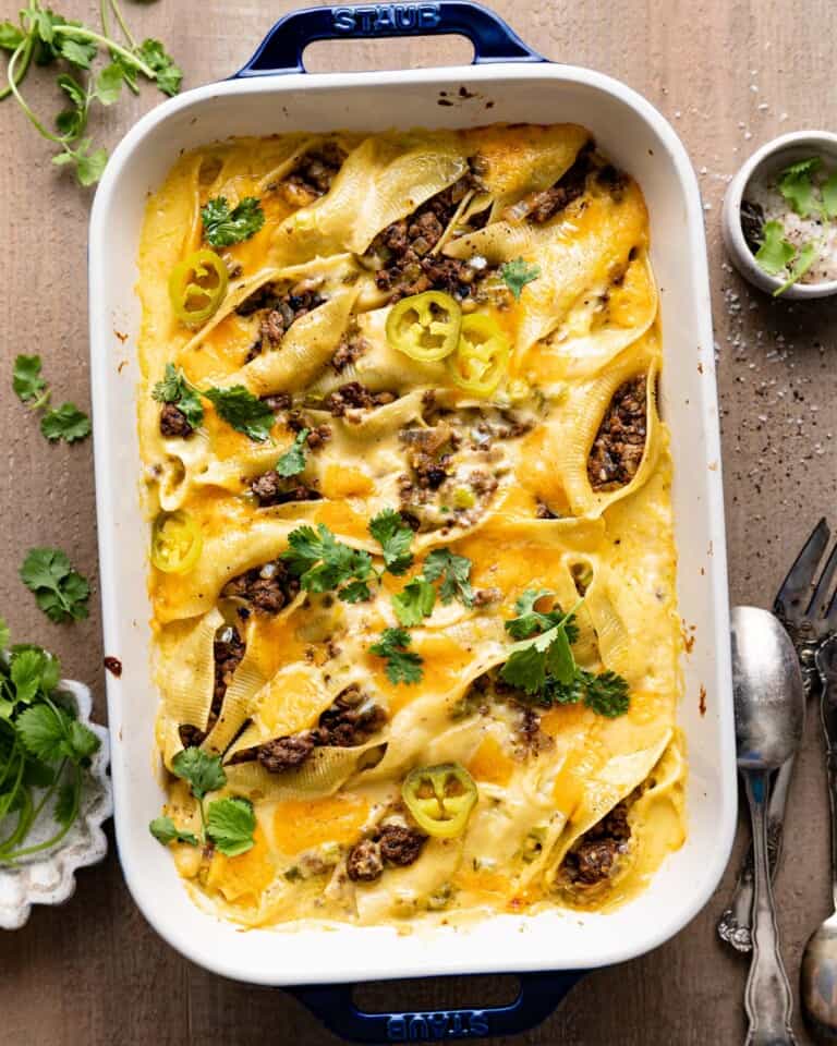 Philly Cheesesteak Stuffed Shells with Ground Beef - Bites with Bri