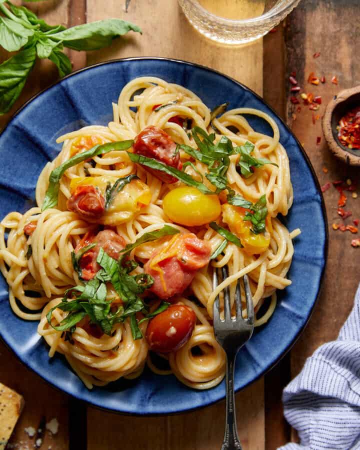Basil Pasta with Cherry Tomatoes - Bites with Bri