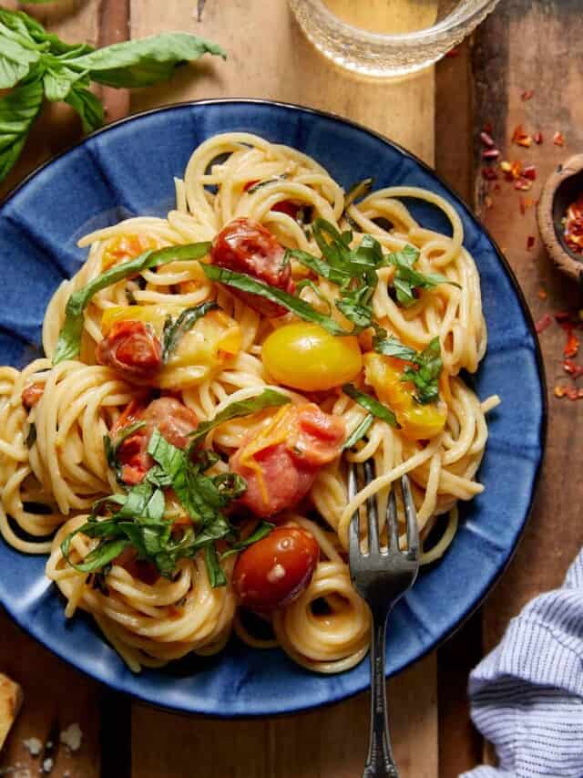 Basil Pasta with Cherry Tomatoes - Bites with Bri