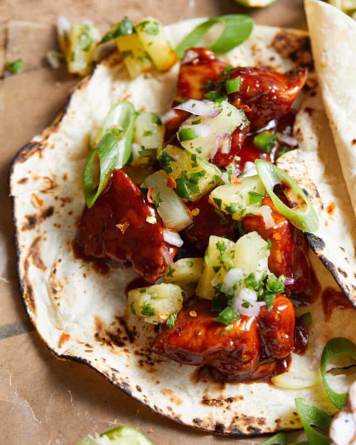 Hawaiian Chicken Tacos with Pineapple Salsa - Bites with Bri