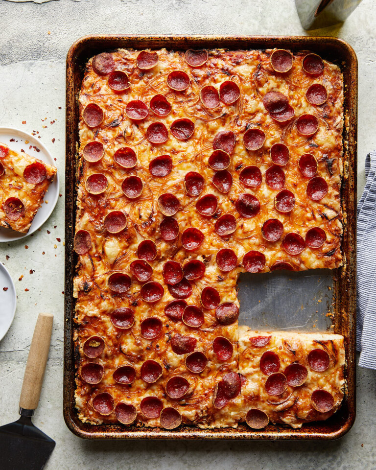 Crispy Pepperoni Sheet Pan Pizza - Bites with Bri