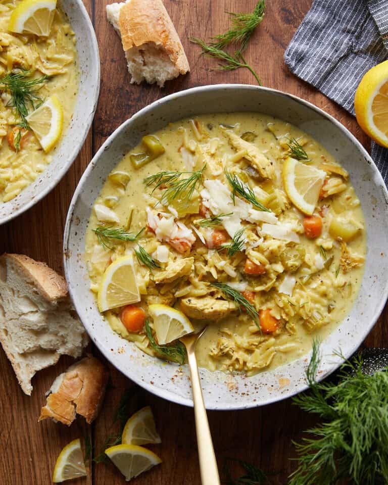 Greek Lemon Chicken Soup with Orzo - Bites with Bri