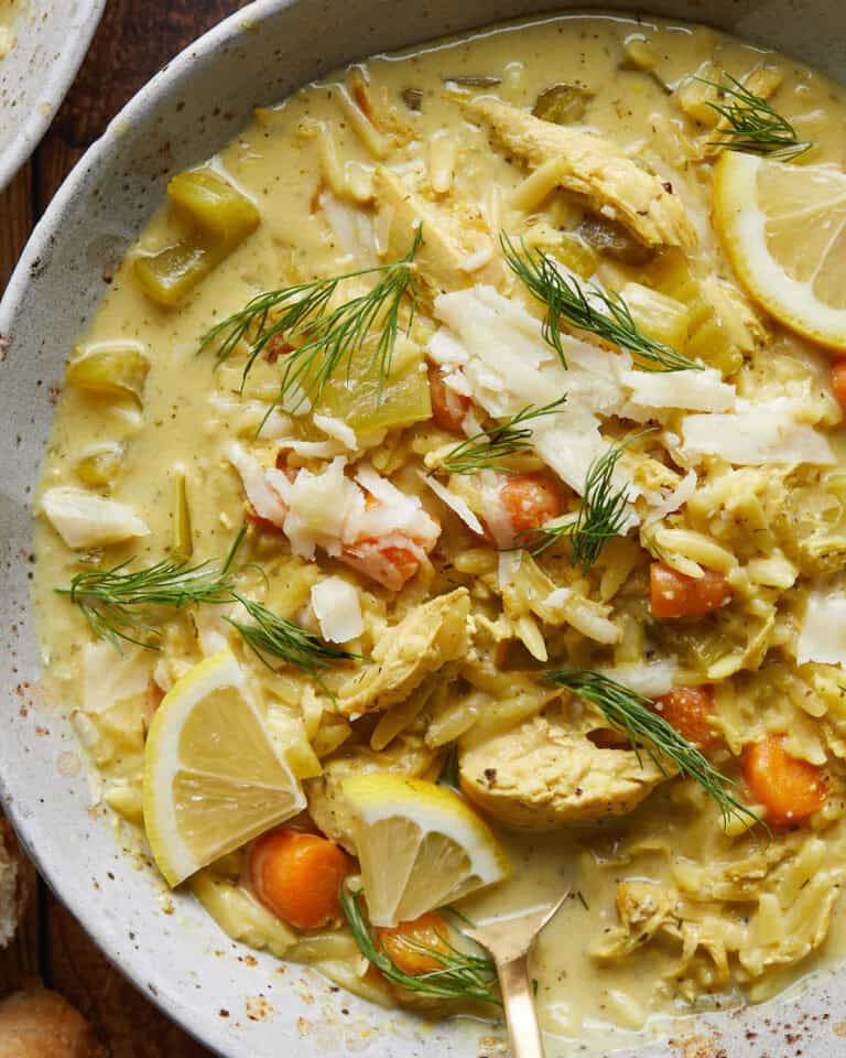 Greek Lemon Chicken Soup with Orzo - Bites with Bri