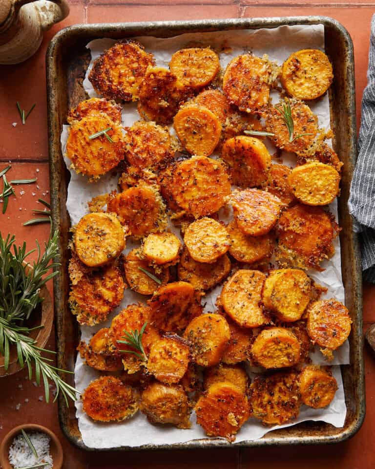 Savory Roasted Sweet Potatoes with Parmesan & Herbs - Bites with Bri