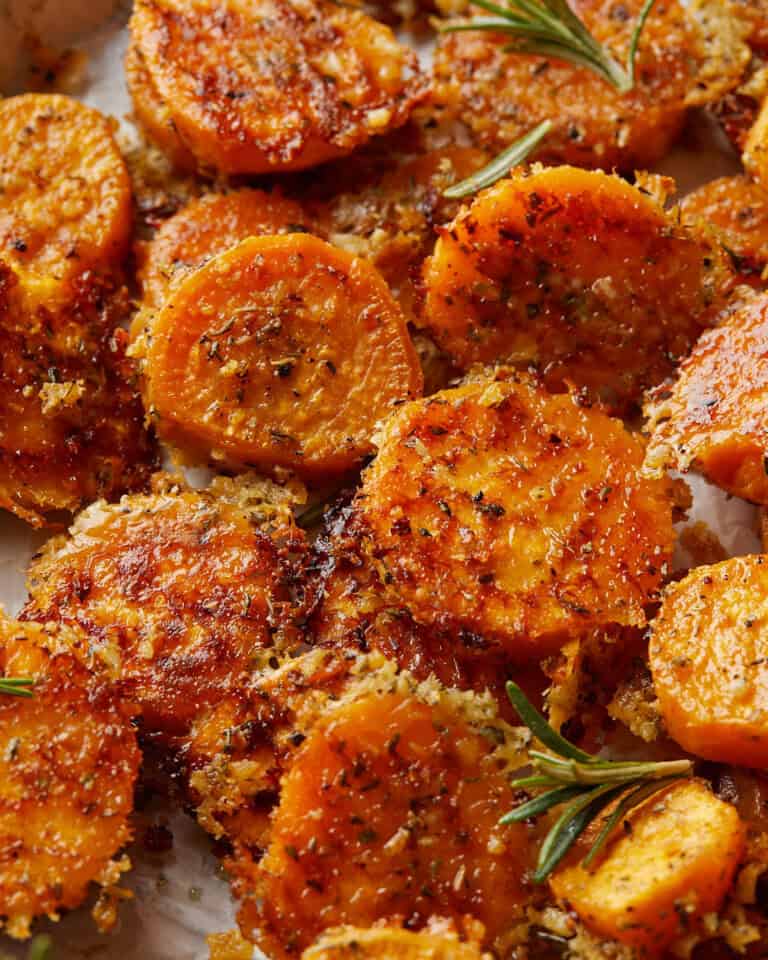 Savory Roasted Sweet Potatoes with Parmesan & Herbs - Bites with Bri