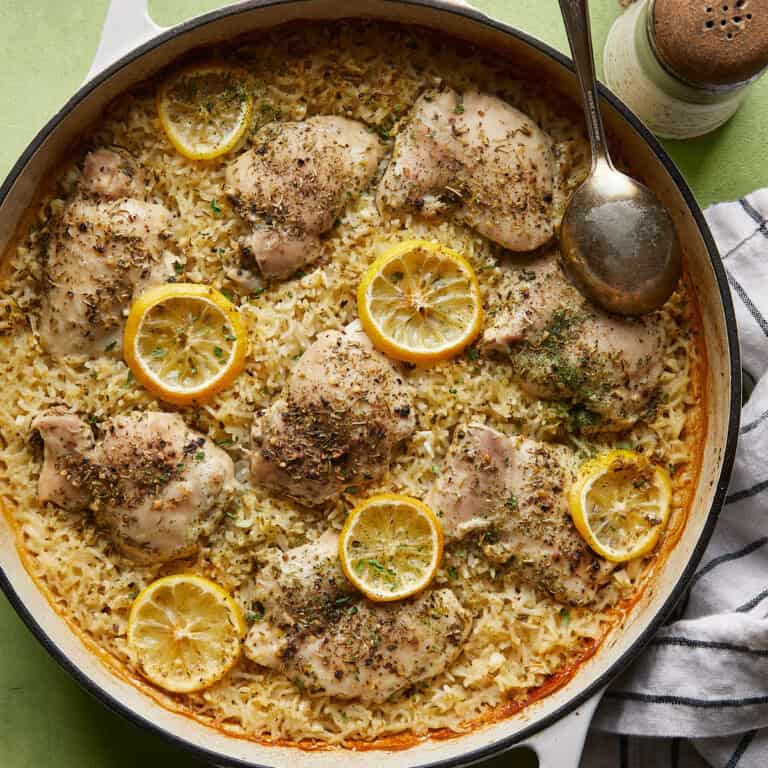 One Pot Baked Lemon Chicken and Rice Recipe - Bites with Bri
